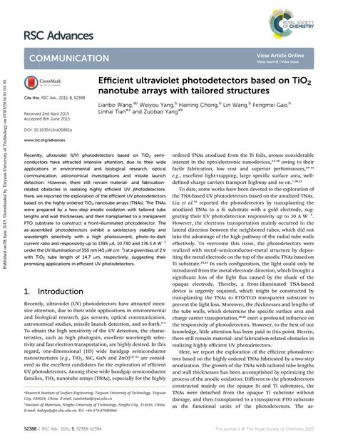 Pdf Efficient Ultraviolet Photodetectors Based On Tio2 Nanotube