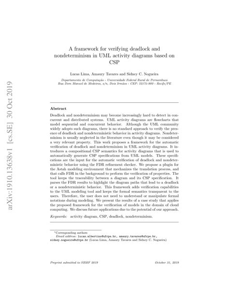A Framework For Verifying Deadlock And Nondeterminism In Uml Activity Diagrams Based On Csp Deepai