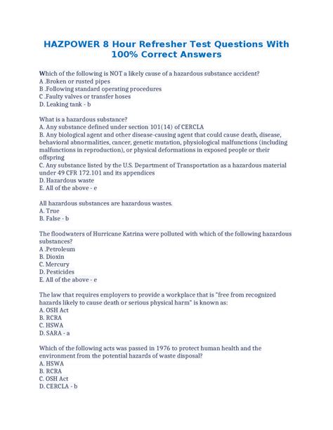 Hazpower 8 Hour Refresher Test Questions With 100 Correct Answers Exams Science Education