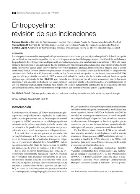 Pdf Eritropoyetina Revisión De Sus Indicaciones