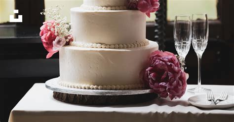 두 개의 샴페인 플루트 잔 옆에 테이블 위에 분홍색 생화가 놓인 3단 케이크 사진 Unsplash의 무료 결혼식 이미지