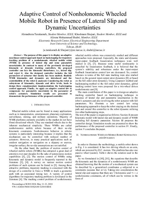 Pdf Adaptive Control Of Nonholonomic Wheeled Mobile Robot In Presence