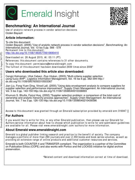 2006 Use Of Analytic Network Process In Vendor Selection Decisions Pdf Supply Chain
