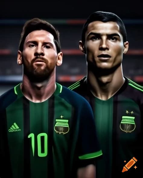 Lionel Messi And Cristiano Ronaldo In Dark Green Jerseys With Fk Lety