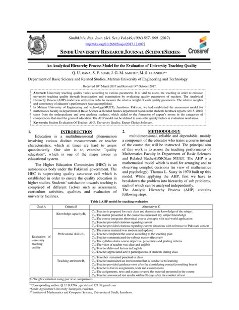 Pdf An Analytical Hierarchy Process Model For The Evaluation Of