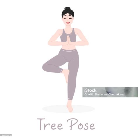 소녀는 요가를합니다 요가 나무 포즈 요가 포즈의 지정 벡터 플랫 그림입니다 건강한 생활방식에 대한 스톡 벡터 아트 및 기타 이미지 건강한 생활방식 나무 자세 드로잉