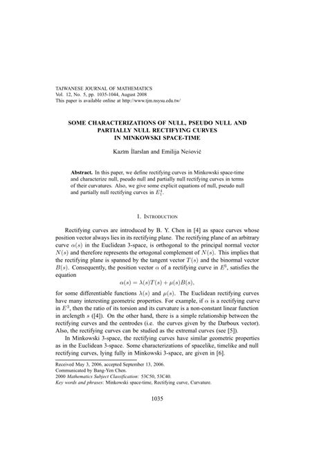 PDF Some Characterizations Of Null Pseudo Null And Partially Null Rectifying Curves In