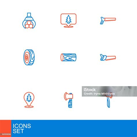 세트 라인 나무 도끼 숲의 위치 손톱 나무 고리 통나무 및 아이콘 벡터 0명에 대한 스톡 벡터 아트 및 기타 이미지 0명