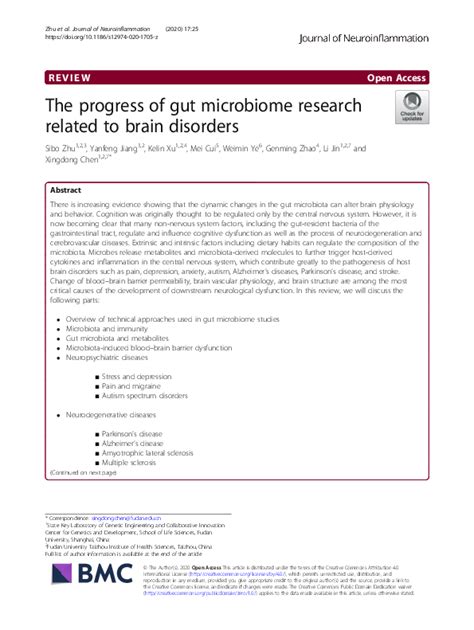 Pdf The Progress Of Gut Microbiome Research Related To Brain Disorders Sibo Zhu
