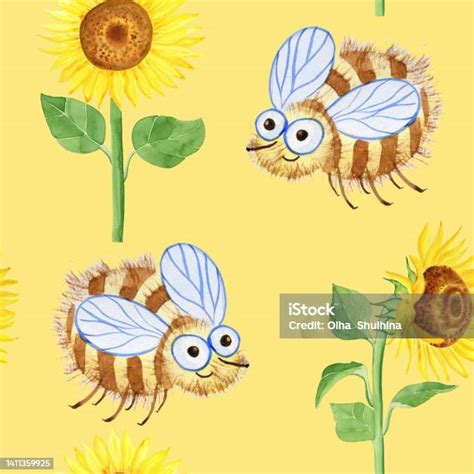 귀여운 꿀벌과 해바라기 꽃은 유치하고 재미있는 이음새가 없는 패턴입니다 손으로 그린 수채화 물감 노란 꽃 위에 날아 다니는 곤충의 그림 끝없는 배경 옷과 랩핀을위한 어린이