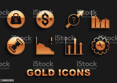 설정 금융 성장 감소 원형 차트 인포 그래픽 렌치와 기어 모래 화살표 쇼핑 가방 판매 및 달러 기호 아이콘 오래된 모래 시계