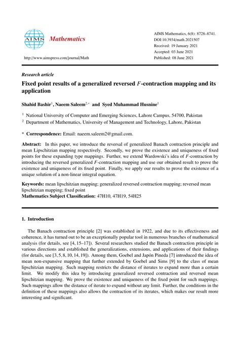 Pdf Fixed Point Results Of A Generalized Reversed F Contraction