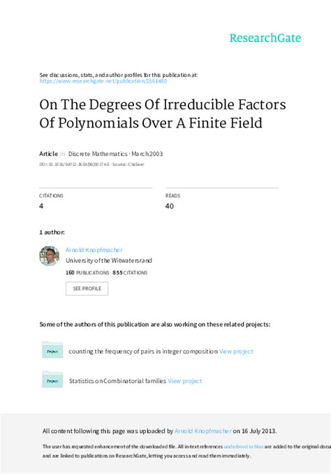 Pdf On The Degrees Of Irreducible Factors Of Polynomials Over A Finite Field