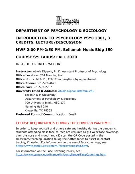 Psych Fall Syllabus DEPARTMENT OF PSYCHOLOGY SOCIOLOGY INTRODUCTION TO