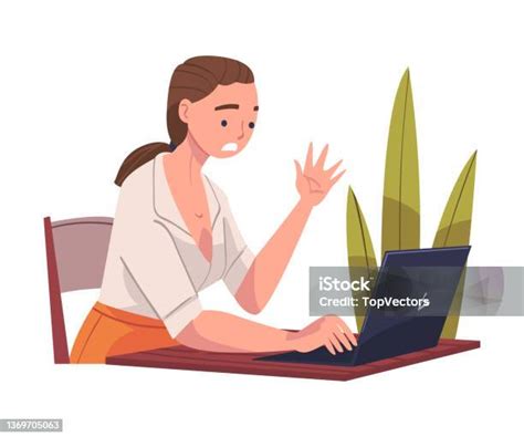 젊은 바쁜 여자 캐릭터 에 스트레스 느낌 피곤 하 고 노트북 벡터 일러스트에 앉아 지쳤다 걱정하는에 대한 스톡 벡터 아트 및 기타 이미지 걱정하는 과로 기진맥진