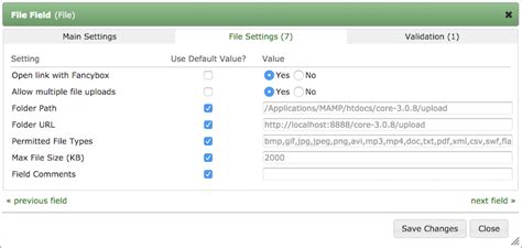 file upload module settings