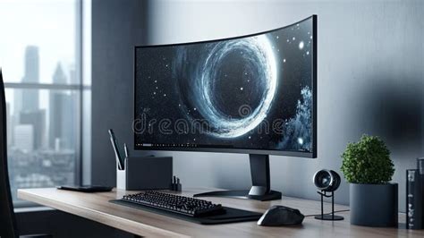 A Desktop Setup With A Sleek Curved Monitor And A Small Desk Plant