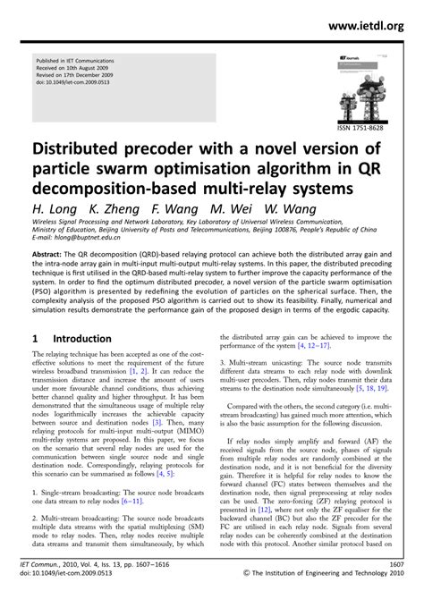 Pdf Distributed Precoder With A Novel Version Of Particle Swarm Optimisation Algorithm In Qr