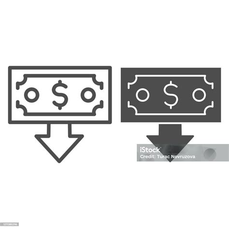 화살표 아래선과 단색 아이콘이 있는 지폐입니다 금융 위기 돈 기호를 지출 흰색 배경에 윤곽 스타일 그림 모바일 개념 및 웹 디자인에 대한 달러 기호 벡터 그래픽 0명에 대한