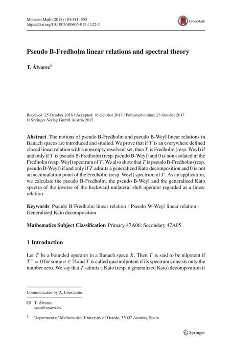 Pdf Pseudo B Fredholm Linear Relations And Spectral Theory