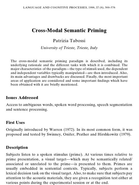 Cross Modal Semantic Priming Pdf Priming Psychology