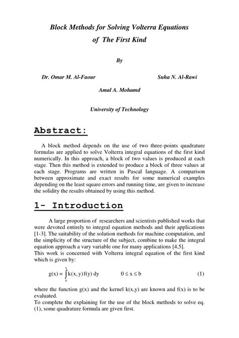 Pdf Block Methods For Solving Volterra Equations Of The First Kind