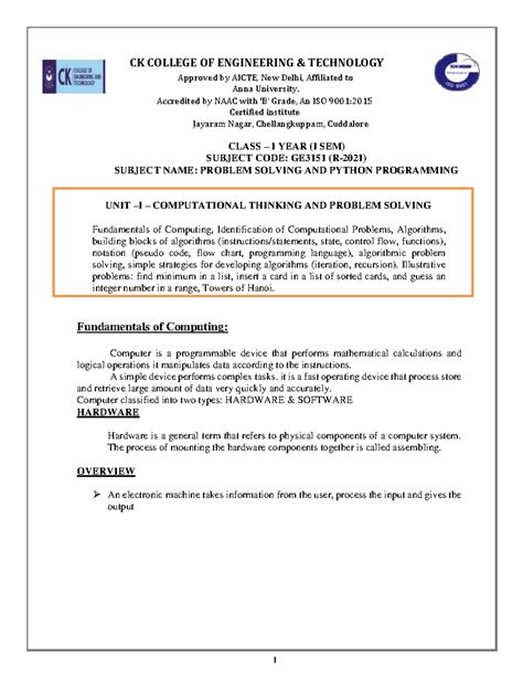 Unit I Pspp Ge3151 Ck College Of Engineering And Technology Approved