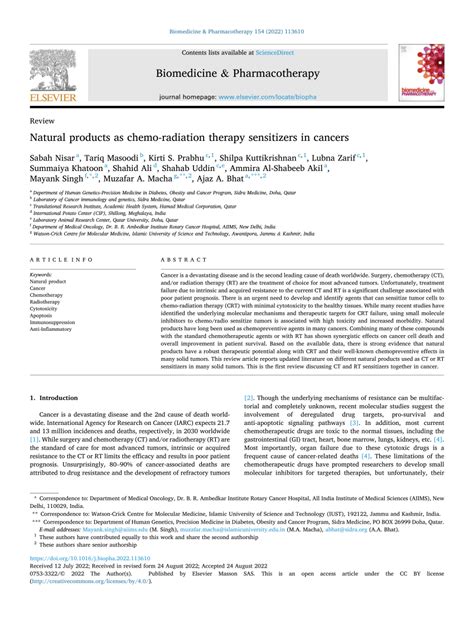 Pdf Natural Products As Chemo Radiation Therapy Sensitizers In Cancers