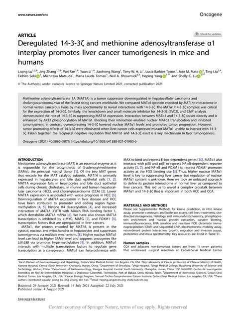 Deregulated 14 3 3ζ And Methionine Adenosyltransferase α1 Interplay