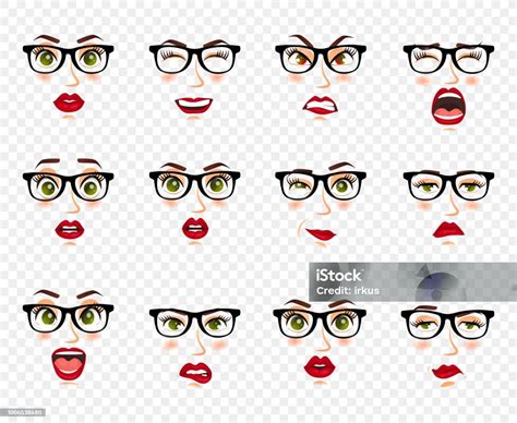 만화 감정입니다 안경 얼굴 표정 제스처 감정 행복 놀람 혐오 슬픔 휴 실망 두려움 놀라운 기쁨 미소 낙담 여자 만화 아이콘 큰 격리 설정 개체 그룹에 대한 스톡 벡터 아트