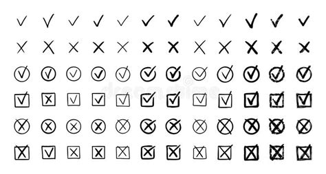 Check Marks Hand Drawn Doodle Set Tick Cross Signs For Checkbox