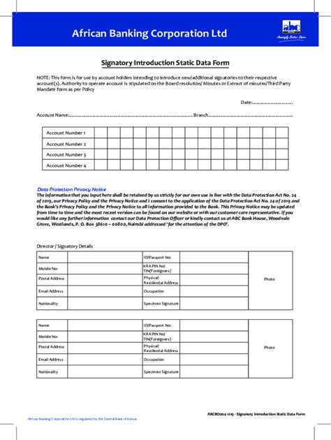 Fillable Online Signatory Introduction Static Data Form 2 Nairobi Abc Bank Fax Email Print