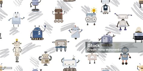 다채로운 만화 로봇은 배경 원활한 패턴을 격리했습니다 다른 로봇과 끝없는 패턴 반복되는 색상은 몬스터와 함께 간단한 플랫 패턴입니다 만화 캐릭터가 있는 아이들을 위한