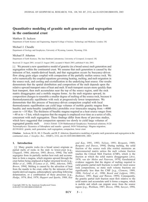 Pdf Quantitative Modeling Of Granitic Melt Generation And Segregation