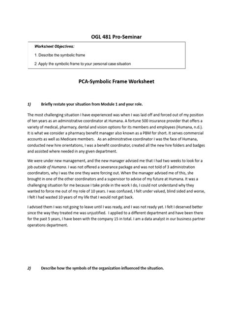 Ogl 481 Pro Seminar I Pca Symbolic Frame Worksheet 1 Pdf Leadership