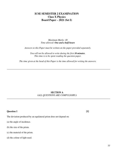 Icse Class X Physics Question Paper Solutions 2021 Set I Pdf