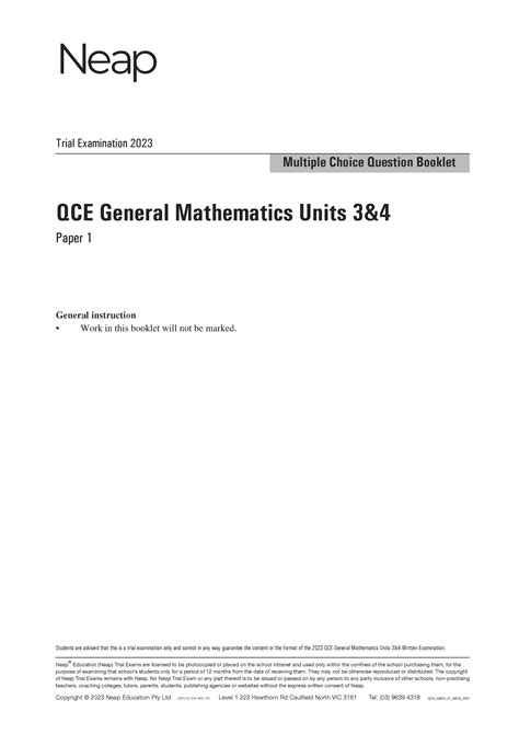 Neap Trial Exam 2023 Qce General Maths Units 3and4 Papers 1 And 2