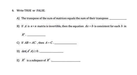 solved 6 write true or false a the transpose of the sum
