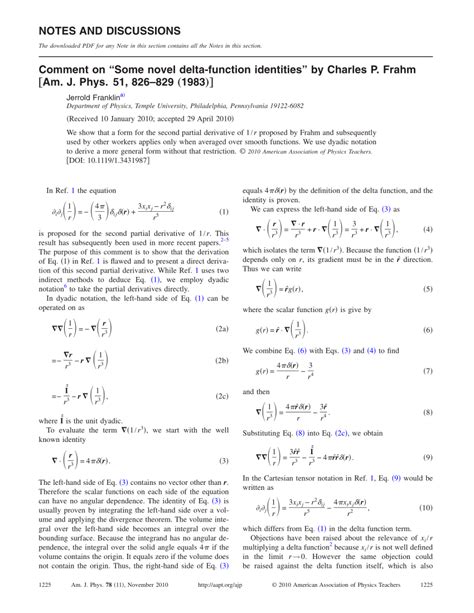 Pdf Comment On ``some Novel Delta Function Identities By Charles P