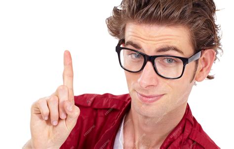 Premium Photo Isolated Portrait And Man Pointing A Finger Up And Person In Glasses Hand