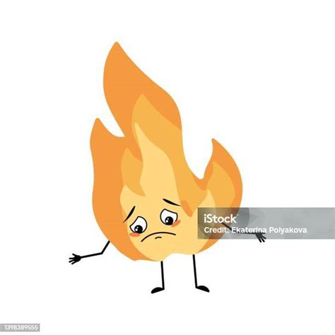 슬픈 감정 우울한 얼굴 눈 팔 및 다리를 가진 귀여운 불꽃 캐릭터 우울한 표정을 가진 소방관 뜨거운 오렌지색 사람 벡터 플랫 일러스트 레이 션 가공의 인물에 대한 스톡 벡터