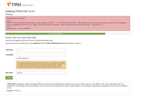 Mysql Typo3 7 Lts Installation Database Query Failed Stack Overflow