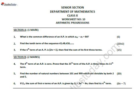 Cbse Class 10 Mathematics Arithmetic Progressions Worksheet Set C