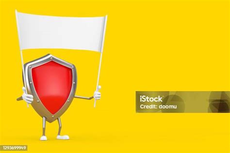 레드 메탈 보호 방패 캐릭터 마스코트와 당신의 디자인을위한 여유 공간이있는 빈 흰색 빈 배너 3d 렌더링 경호에 대한 스톡 사진 및 기타 이미지 Istock