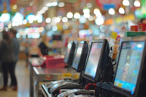 closeup of a busy retail checkout counter transaction screens showing