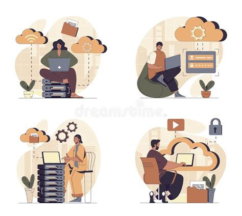 Cloud Computing Concept Scenes Set In Flat Web Design People In Situations Of Using Cloud