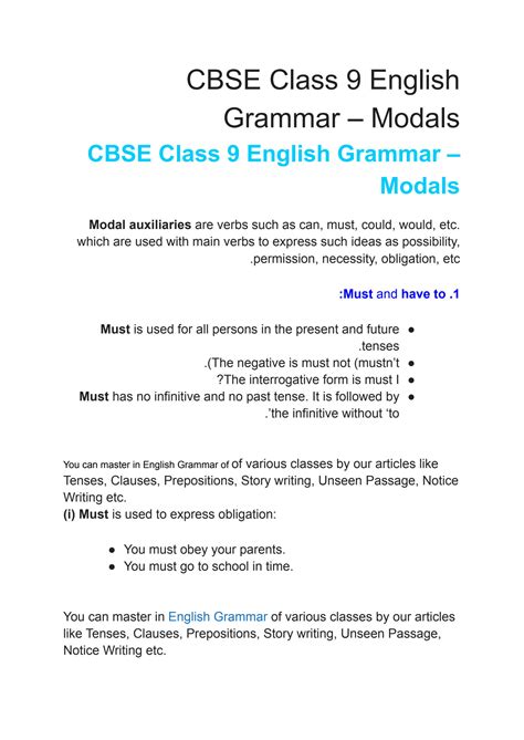 SOLUTION Cbse Class 9 English Grammar Modals Studypool
