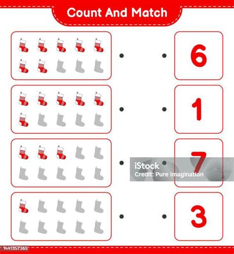 세고 일치시키고 크리스마스 양말의 수를 세고 올바른 숫자와 일치시킵니다 교육 어린이 게임 인쇄 워크시트 벡터 일러스트 레이 션 0명에 대한 스톡 벡터 아트 및 기타 이미지