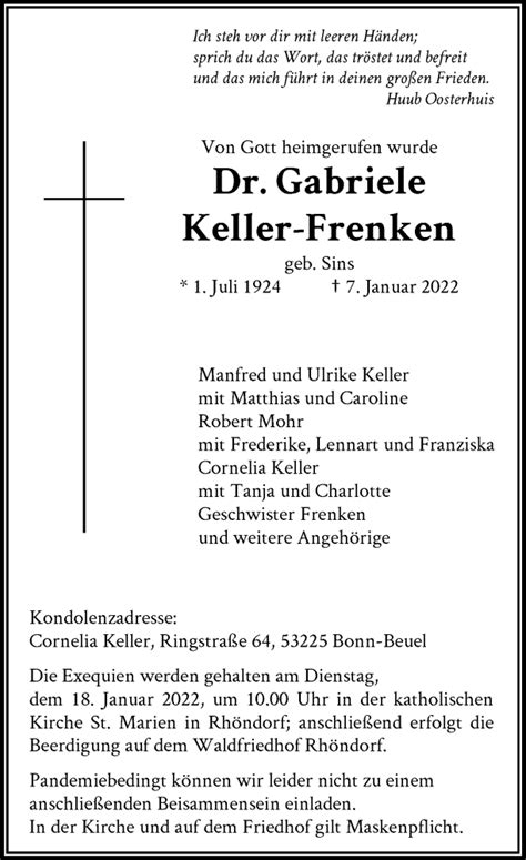 Traueranzeigen Von Gabriele Keller Frenken Ga Trauerde