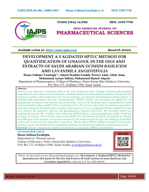 Pdf Development A Validated Hptlc Method For Quantification Of Linalool In The Oils And